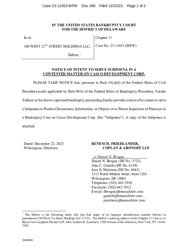 Fillable Online Notice of Intent to Serve Subpoena on Casco Development ...