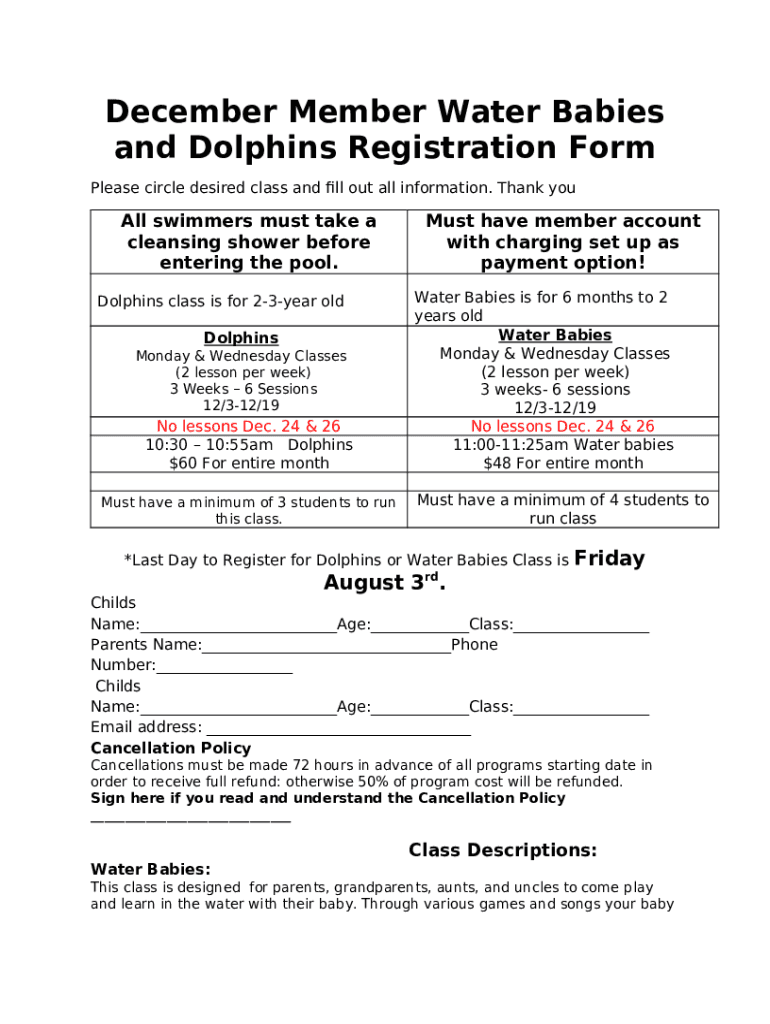 December Member Water Babies and Dolphins Registration Doc Template ...