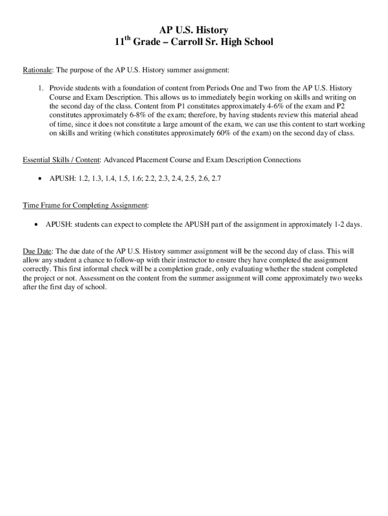 Fillable Online Carroll High School, Fort Wayne - AP US History Fax Email Print - pdfFiller