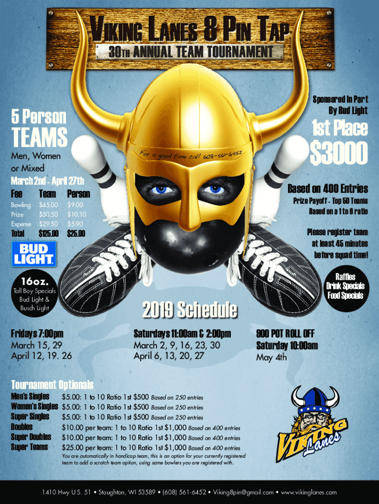 Fillable Online Viking Lanes - Stoughton, WI - Bowling, Bar, Grill and ...