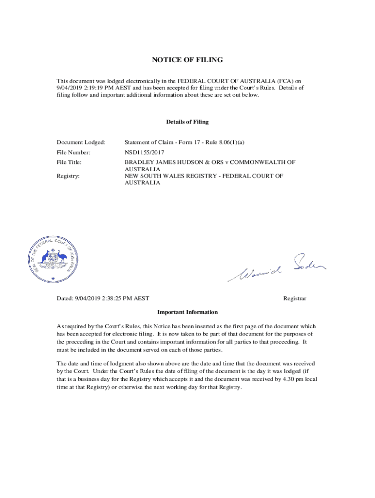 Fillable Online (PDF) NOTICE OF FILING - Federal Court of Australia Fax ...