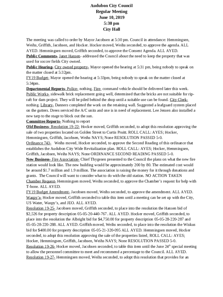 Council in attendance: Hemmingsen, Weihs, Griffith, Jacobsen, and Hocker Doc Template | pdfFiller