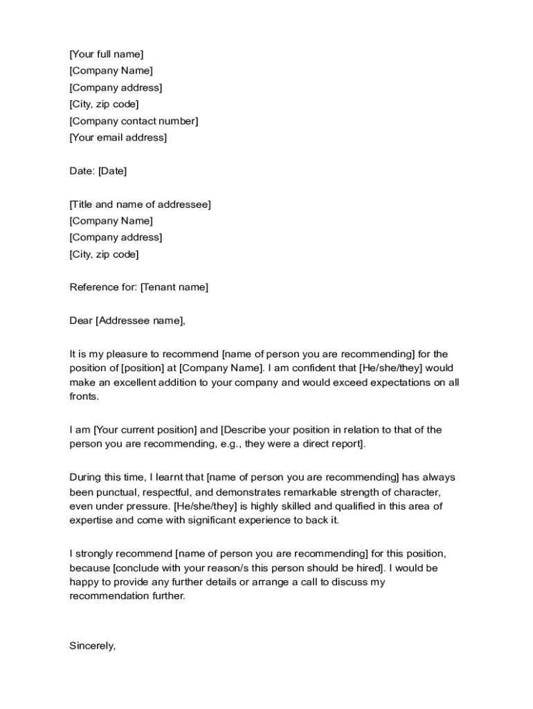 Fillable Online Free Standard Recommendation Letter Templates for All ...