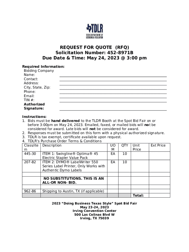 RFQ INSTRUCTIONS AND EVALUATION FOR AWARD ... Doc Template | pdfFiller