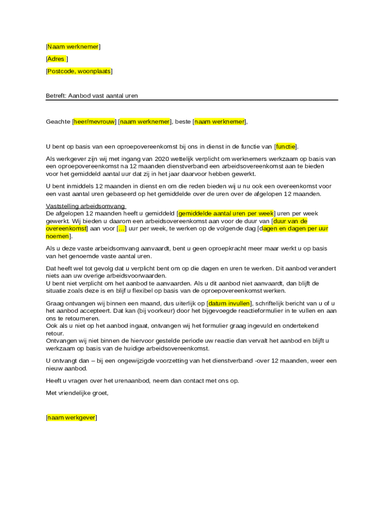 aanbod vaste arbeidsuren Beste naam werknemer, Me Doc Template | pdfFiller