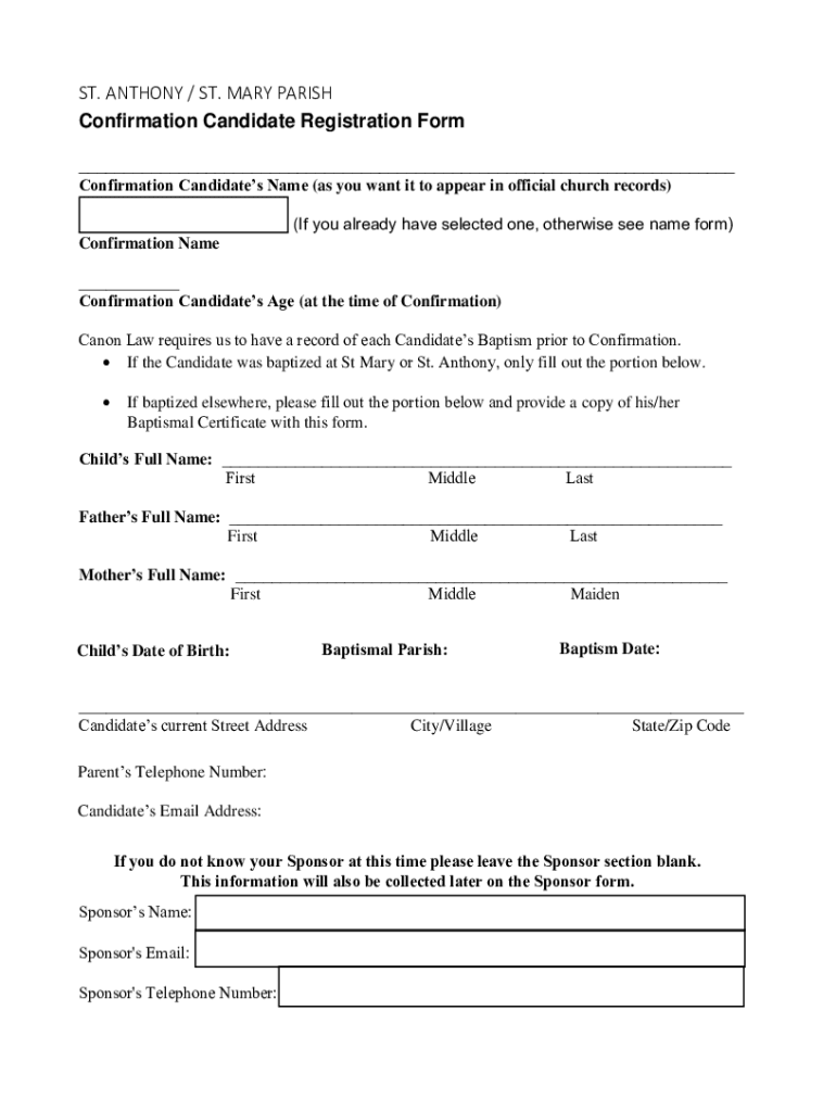 Fillable Online St. Anthony & St. Mary Catholic Parishes - A Legacy of ...