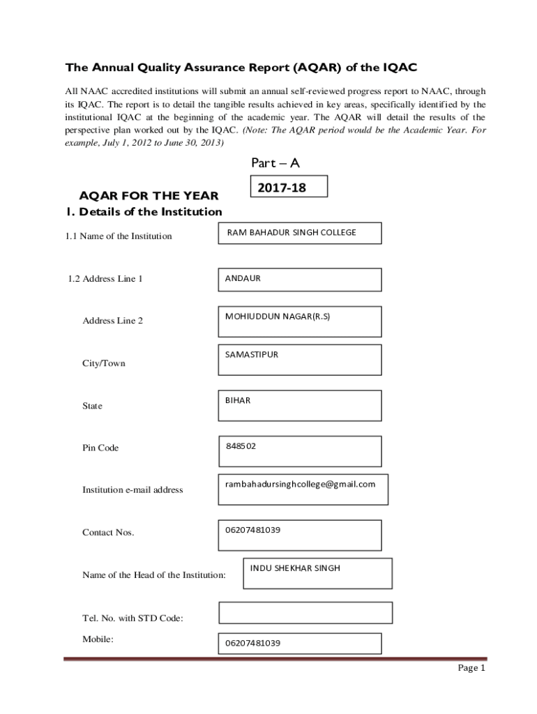Fillable Online AQAR Report - R. B. S. College, Teyai, Teghra ...