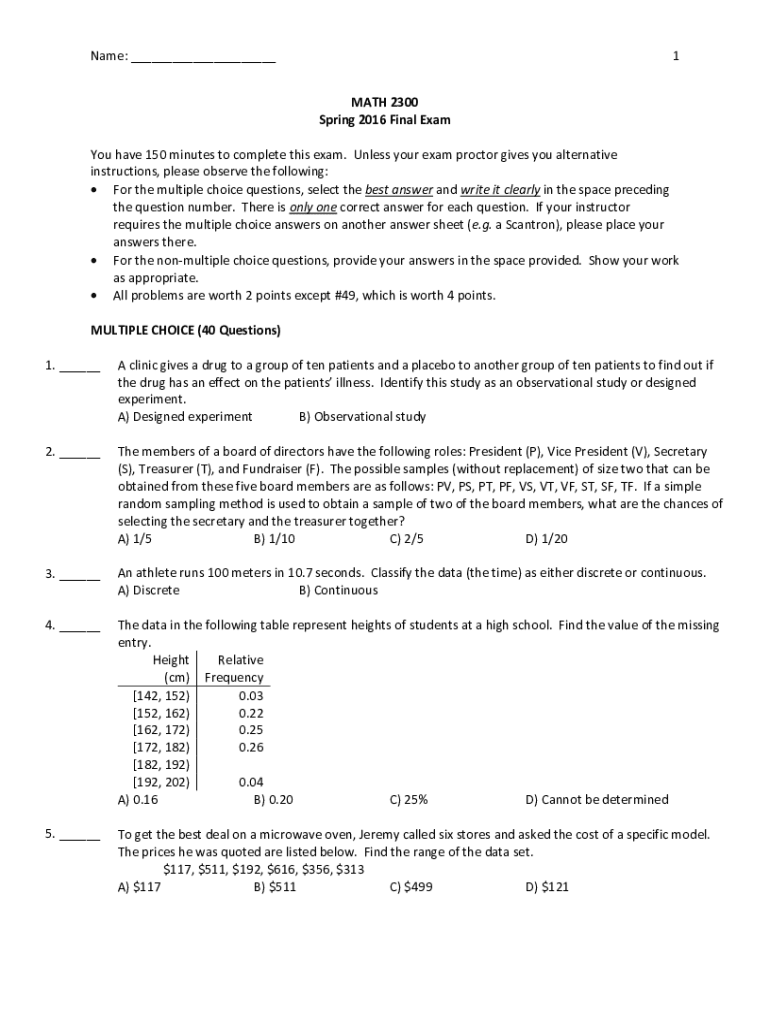 Fillable Online MATH 2300 : STATISTICS - Texas Tech University Fax ...