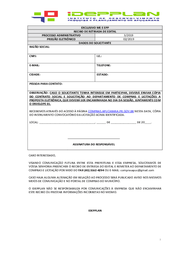 Preenchível Disponível exclusivo me e epp recibo de retirada de edital processo ... Fax Email ...