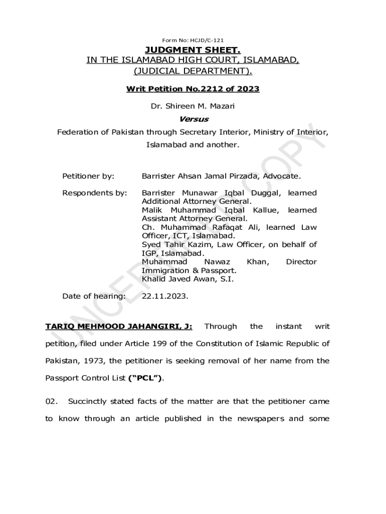 Fillable Online mis ihc gov JUDGMENT SHEET. IN THE ISLAMABAD HIGH COURT ...