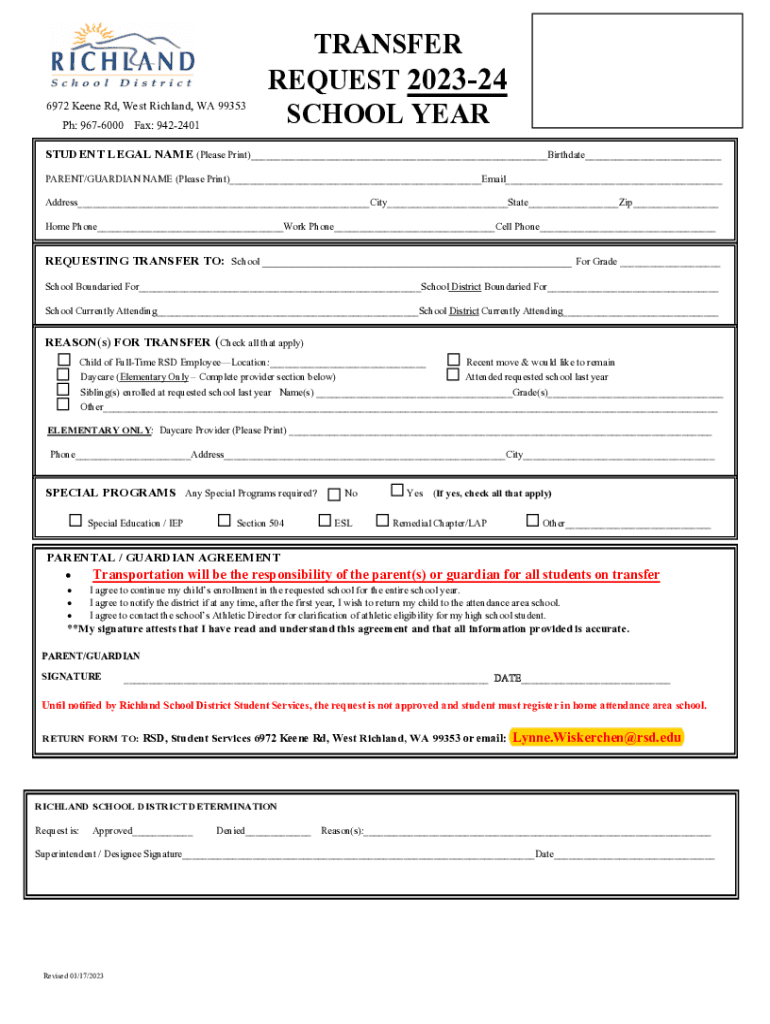 Fillable Online transfer request 2022-23 school year Fax Email Print ...