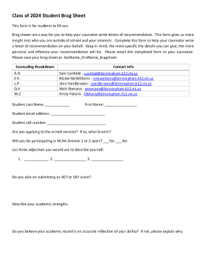 Fillable Online Class of 2024 Student Brag Sheet Fax Email Print ...