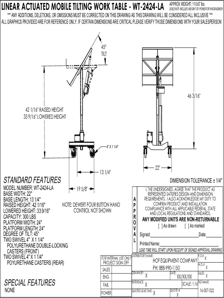 Fillable Online 300 lb. 24 in. x 24 in. Mobile Tilting Work Table Fax ...