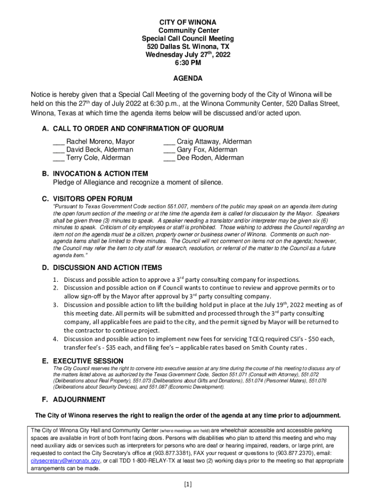 Fillable Online CITY OF WINONA Community Center Special Call Council ...