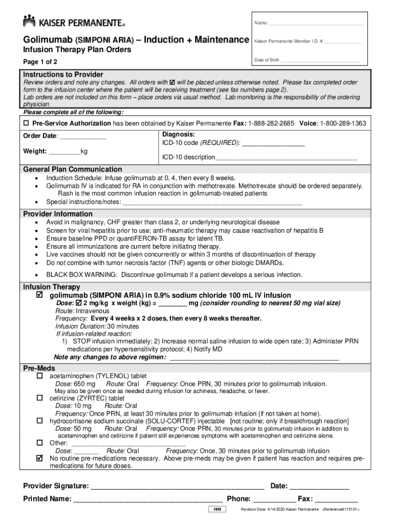 Fillable Online Golimuab ( ARIA) - Induction + Maintenance Infusion ...