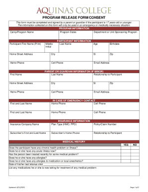 Fillable Online PROGRAM RELEASE FORM/CONSENT Fax Email Print - pdfFiller