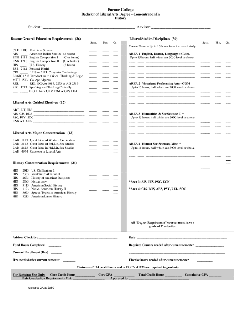 Fillable Online Bachelor of Liberal Arts DegreeConcentration In History Fax Email Print - pdfFiller