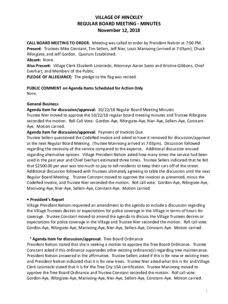 Fillable Online Present: Trustees Mike Constant, Tim Sellers, Jeff Nier, Louis Manivong (arrived ...