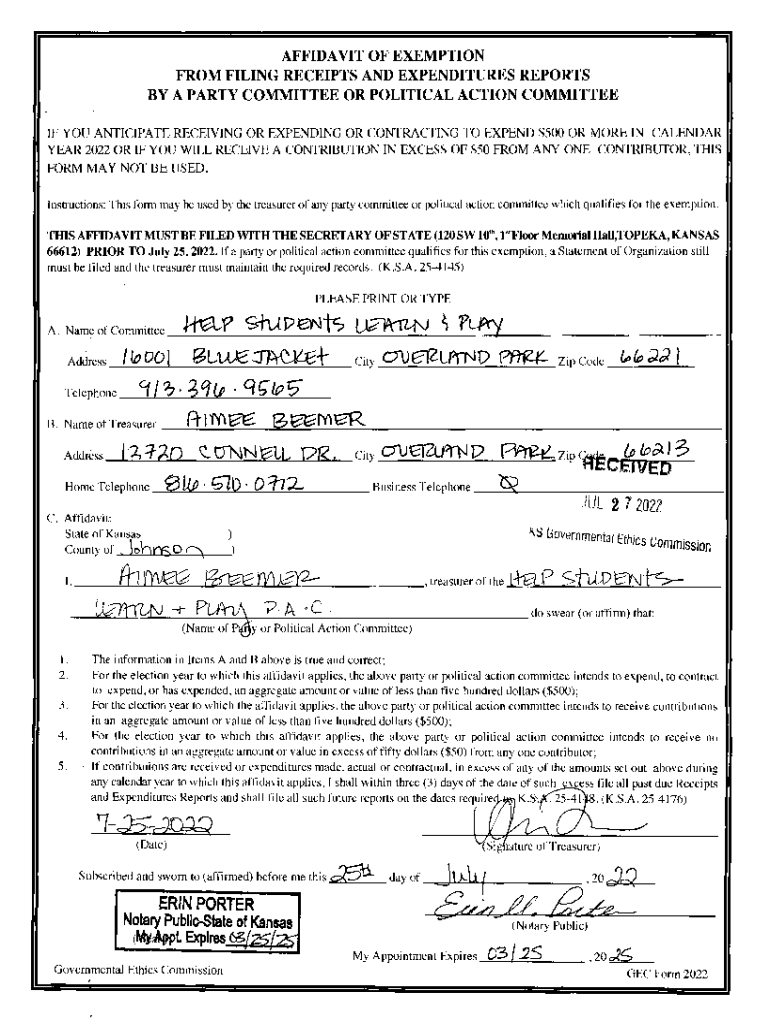 Fillable Online ethics ks affidavit-of-exemption-filing-receipts-and-expenditures-reports ...