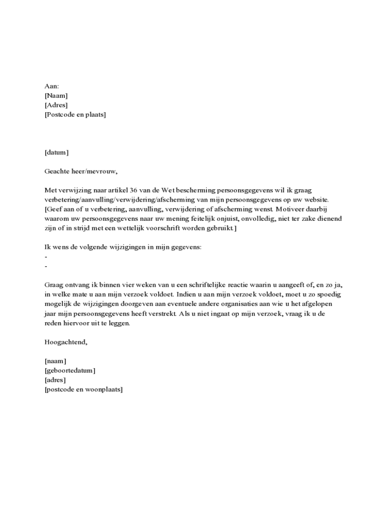 Invulbaar Online Aan: Naam Adres Postcode en plaats datum Geachte ...