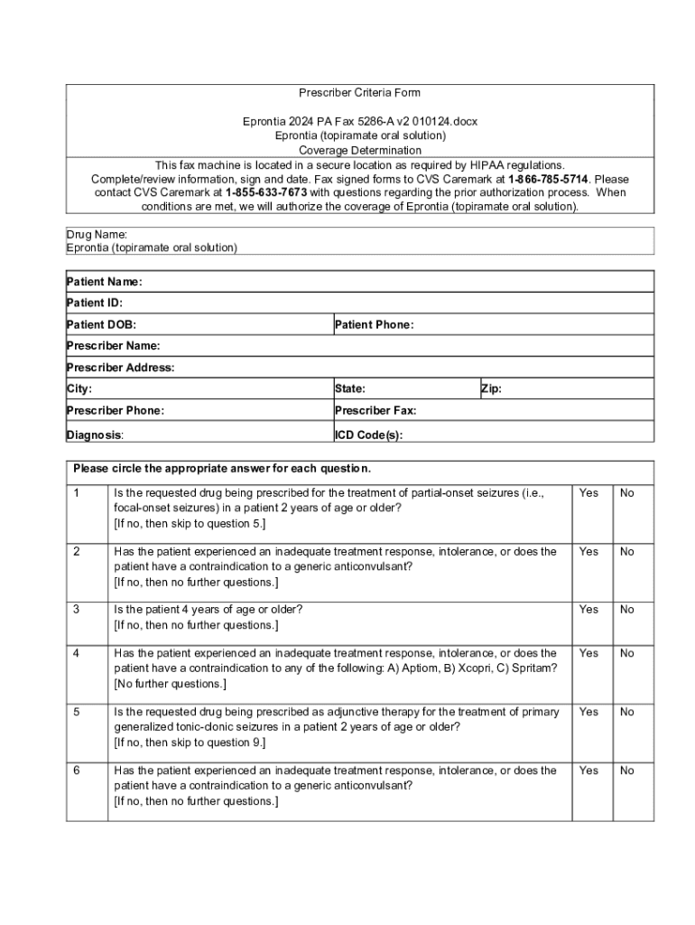 Fillable Online Pediatric Epilepsy Treatment with EPRONTIA Oral Liquid ...