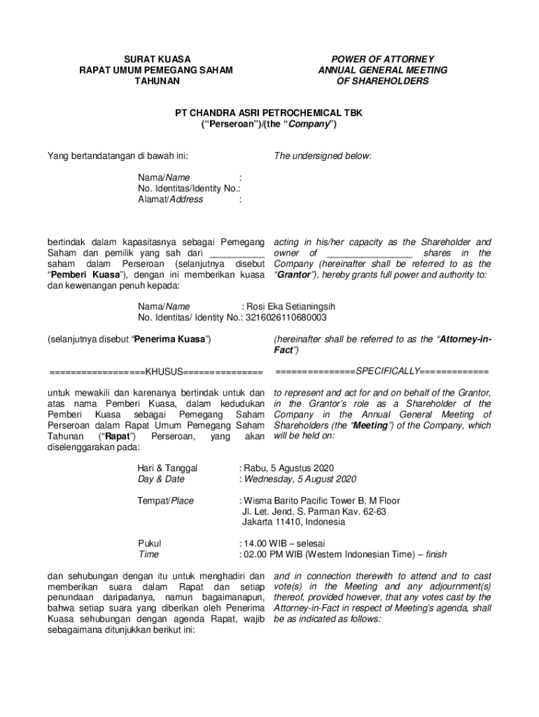 Fillable Online surat kuasa / power of attorney - menghadiri rapat umum ...