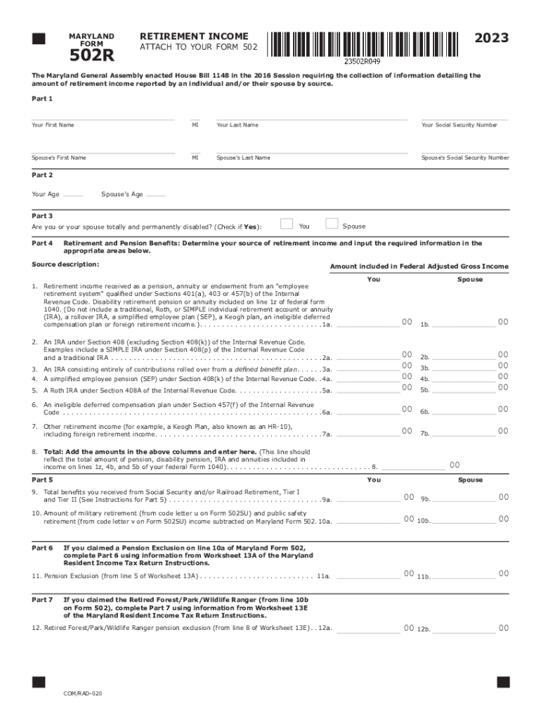 Fillable Online Tax Year 2023 Form 502R Retirement Income. Tax Year ...
