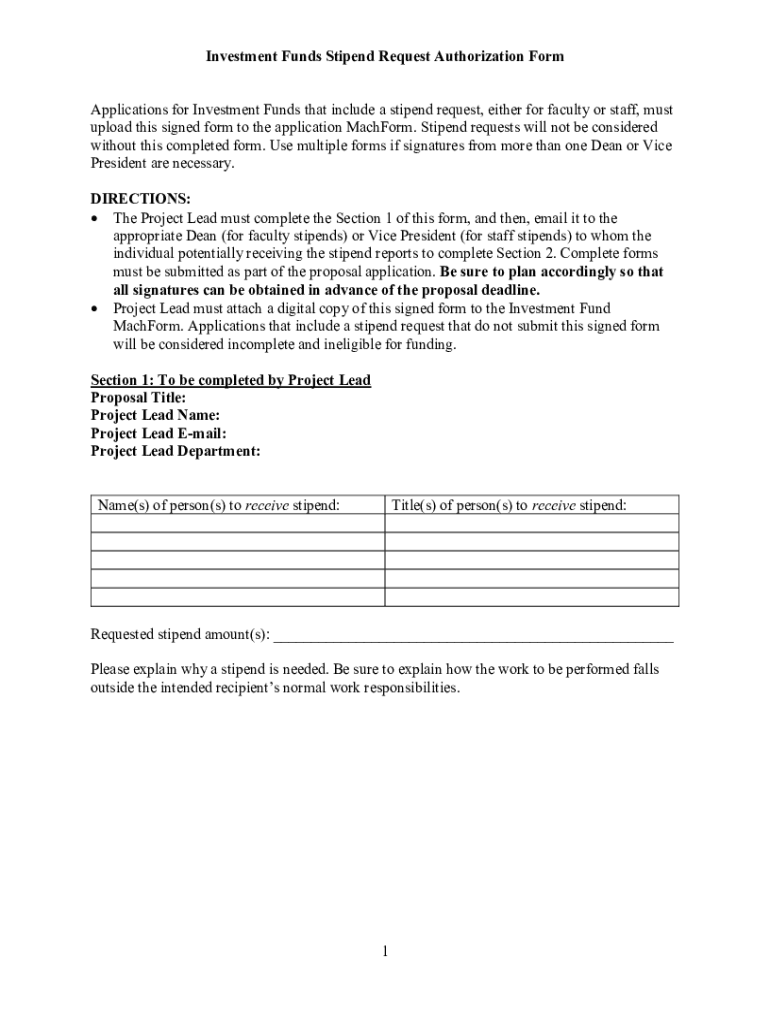 Fillable Online Investment Funds Stipend Request Authorization Form ...