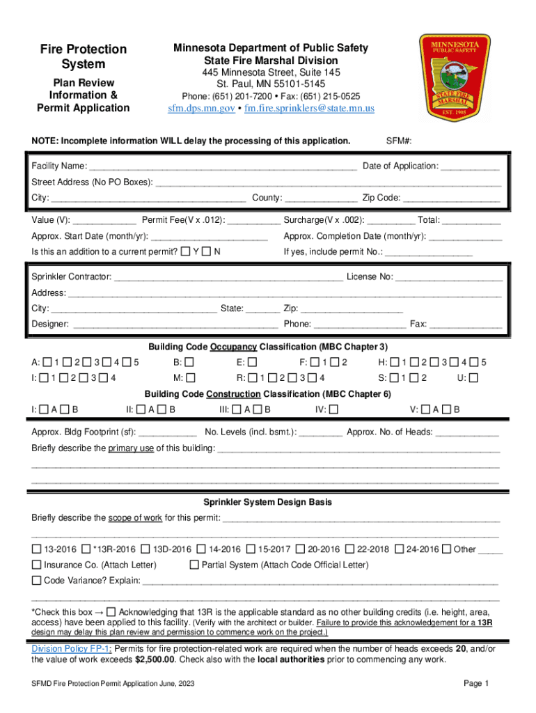 Fillable Online dps mn Fire Protection System - Plan Review Information ...