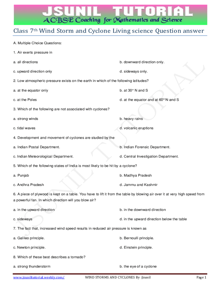 Fillable Online Class 7th Wind Storm and Cyclone Living science ...