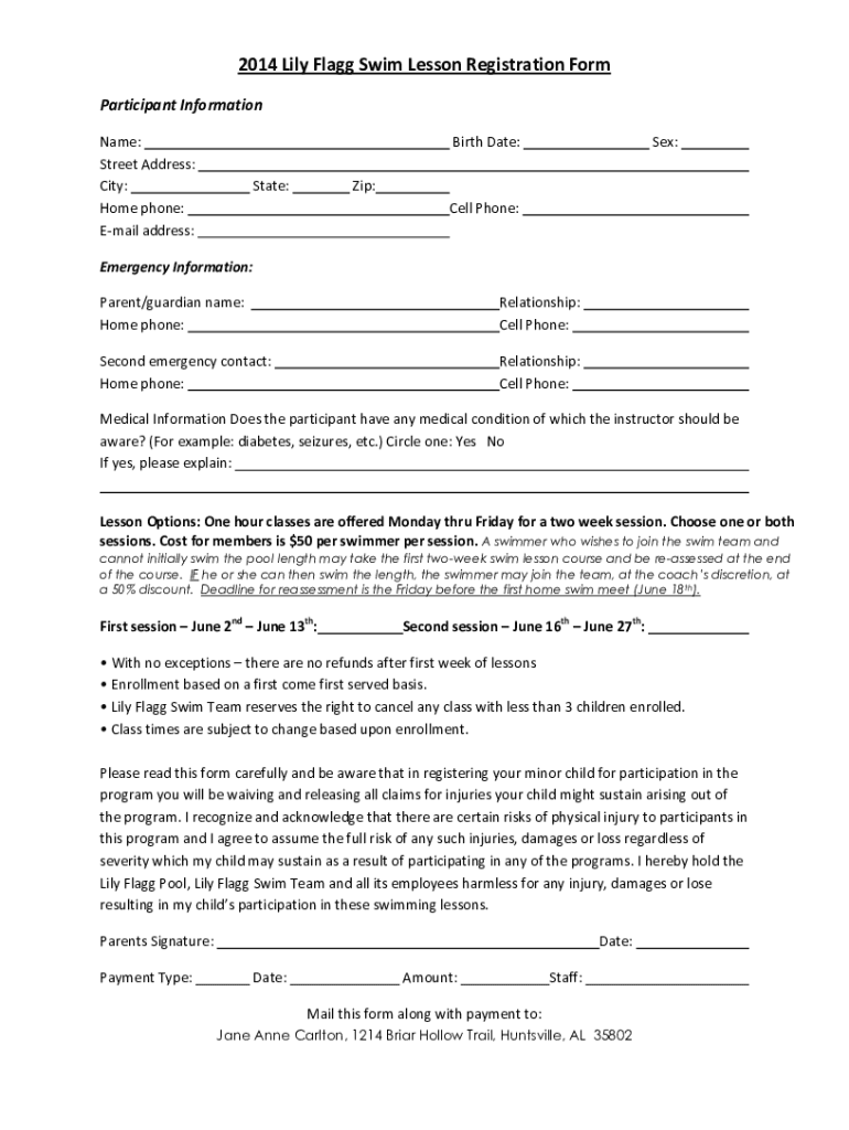 Fillable Online 2014 Lily Flagg Swim Lesson Registration Form Fax Email ...