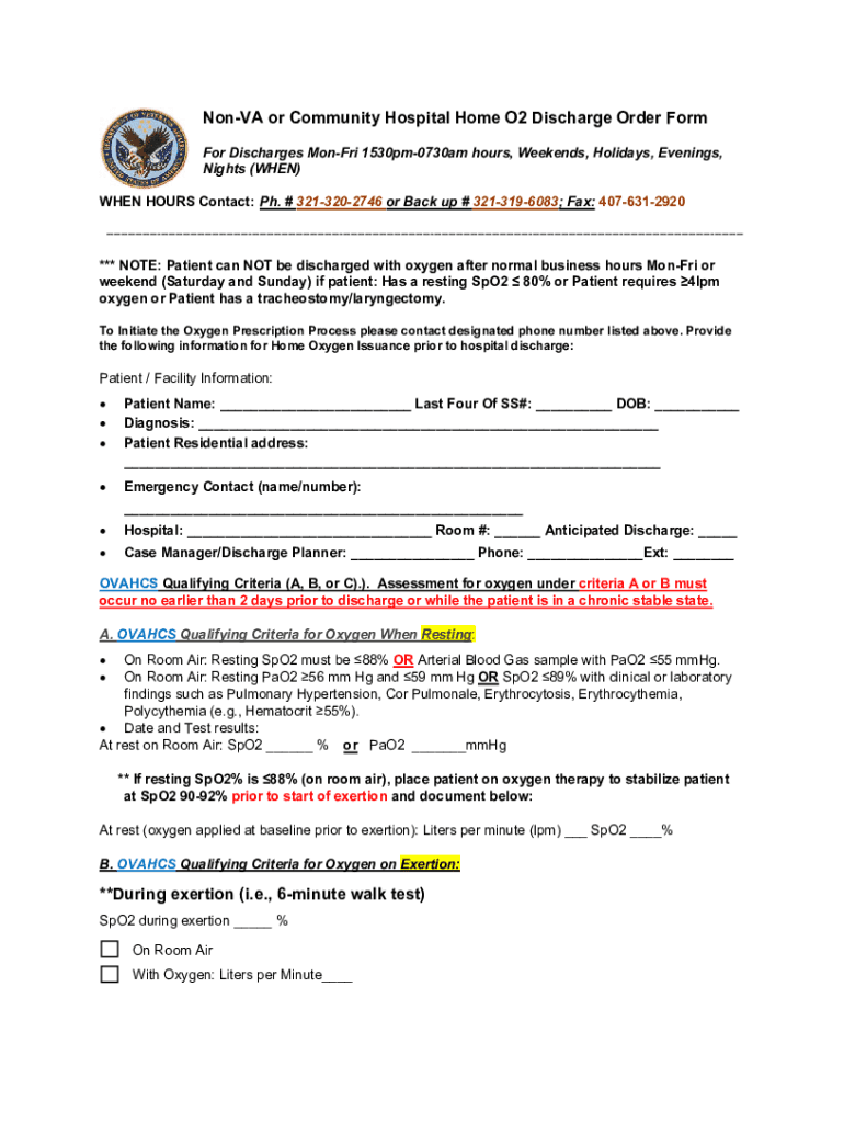 Fillable Online Non-VA or Community Hospital Home O2 Discharge Order ...