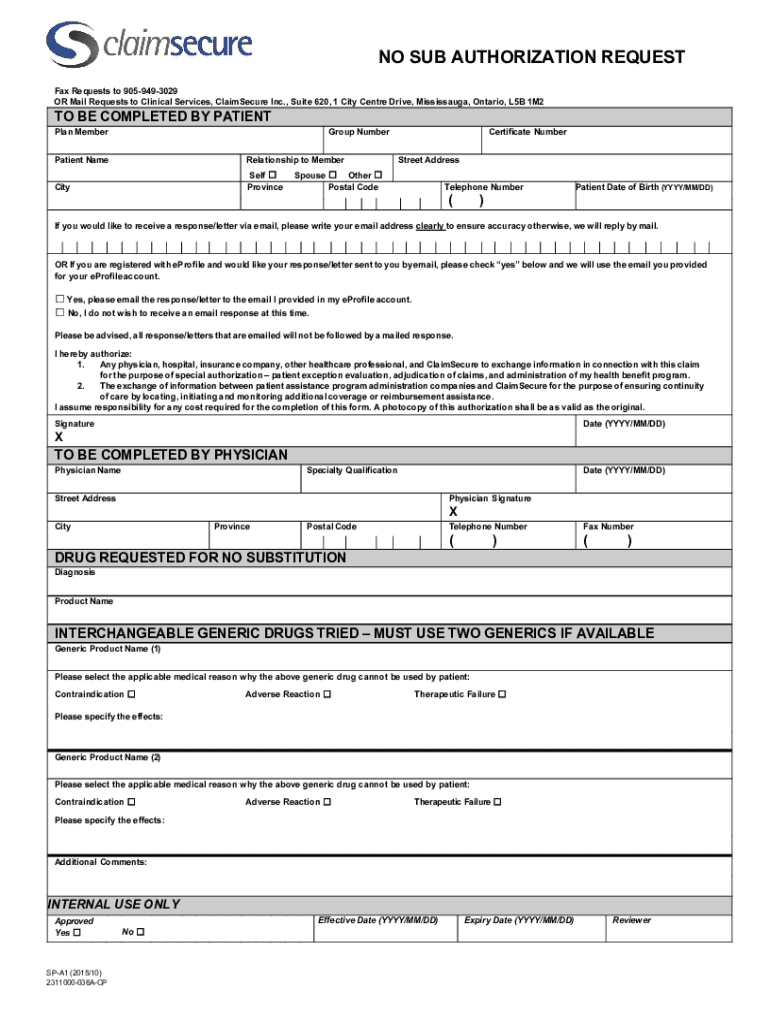 Fillable Online NO SUB AUTHORIZATION REQUEST Fax Email Print - pdfFiller