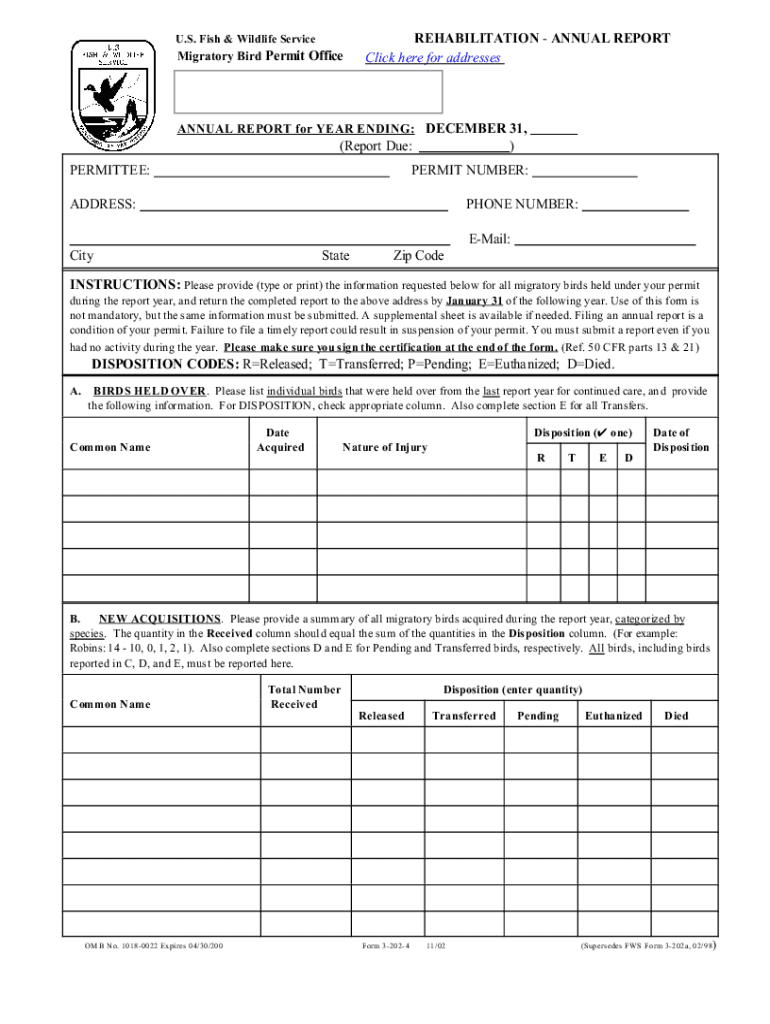 Fillable Online FWS 3-202-4; U.S. Fish and Wildlife Service. Rehabilitation - Annual Report Fax ...