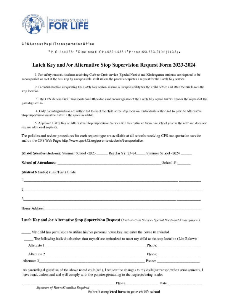 Fillable Online Latch Key and /or Alternative Stop Supervision Request ...