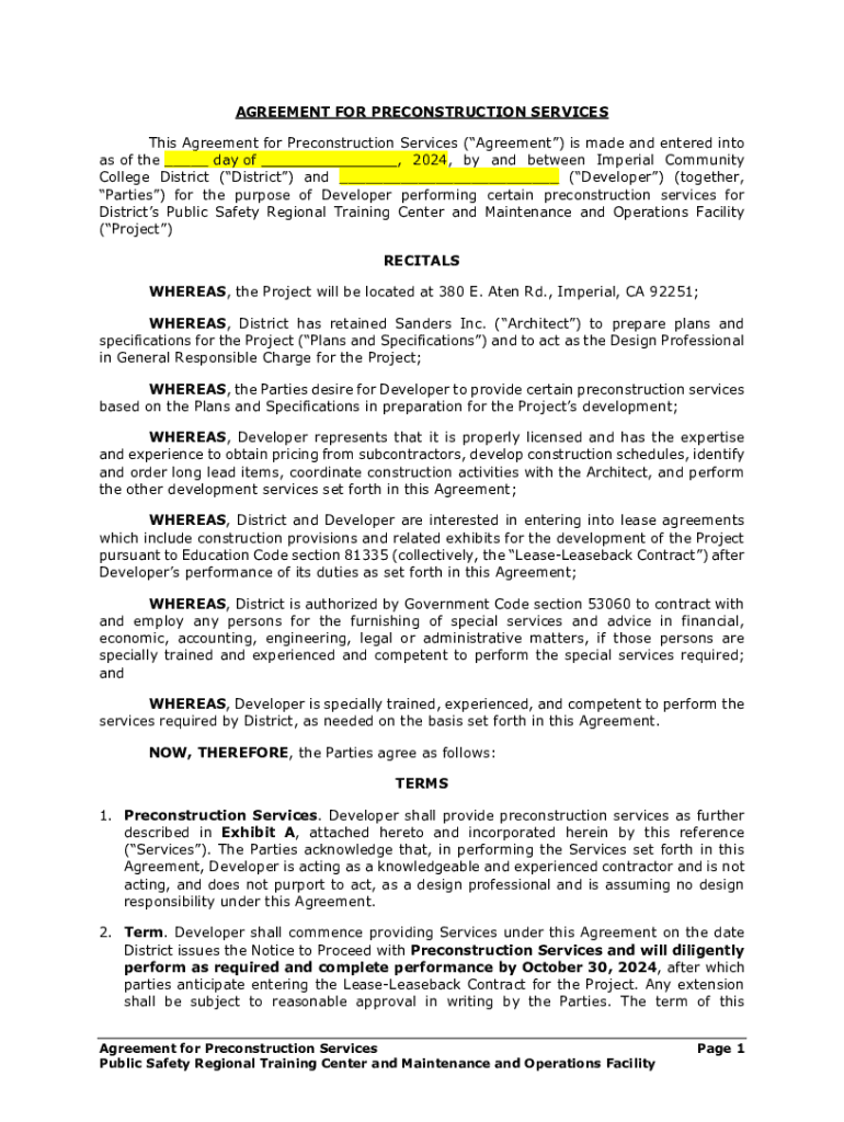 Fillable Online Residential pre construction services agreement pdf Fax ...