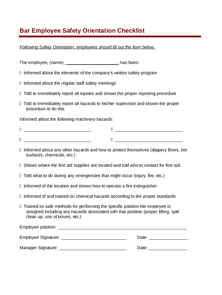 Bar Employee Safety Orientation Checklist Doc Template | pdfFiller