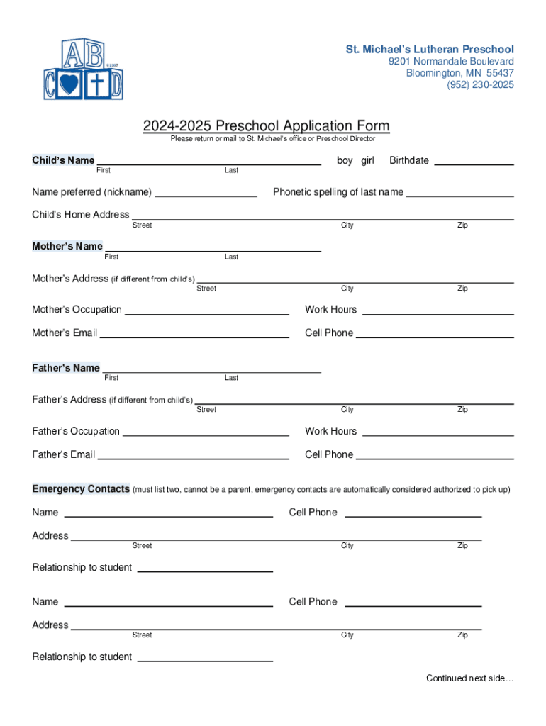 Fillable Online 2024-2025 Preschool Application Form - Bloomington Fax ...