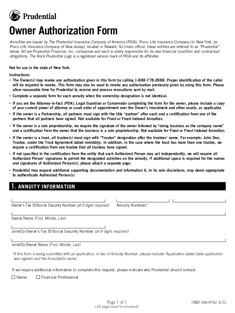 Fillable Online Owner/Joint Owner Authorization for Annuity Contracts ...