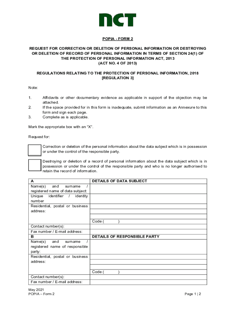 Fillable Online POPIA - FORM 2 REQUEST FOR CORRECTION OR DELETION OF ...