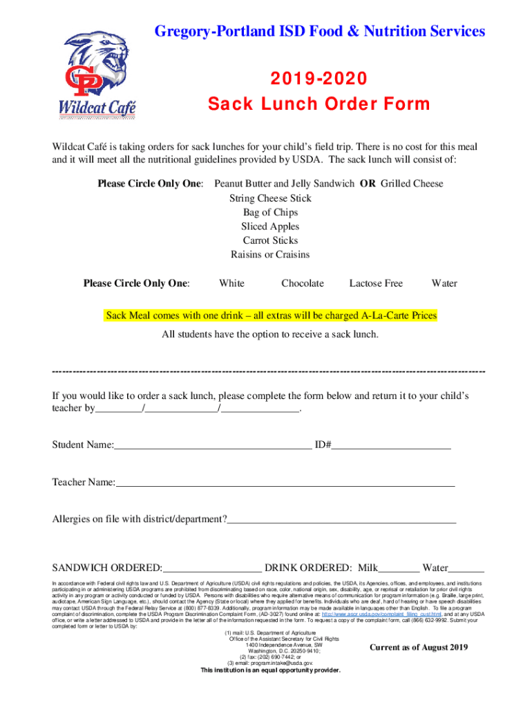 Fillable Online CCSD Food Service Sack Lunch Order Form Fax Email Print ...