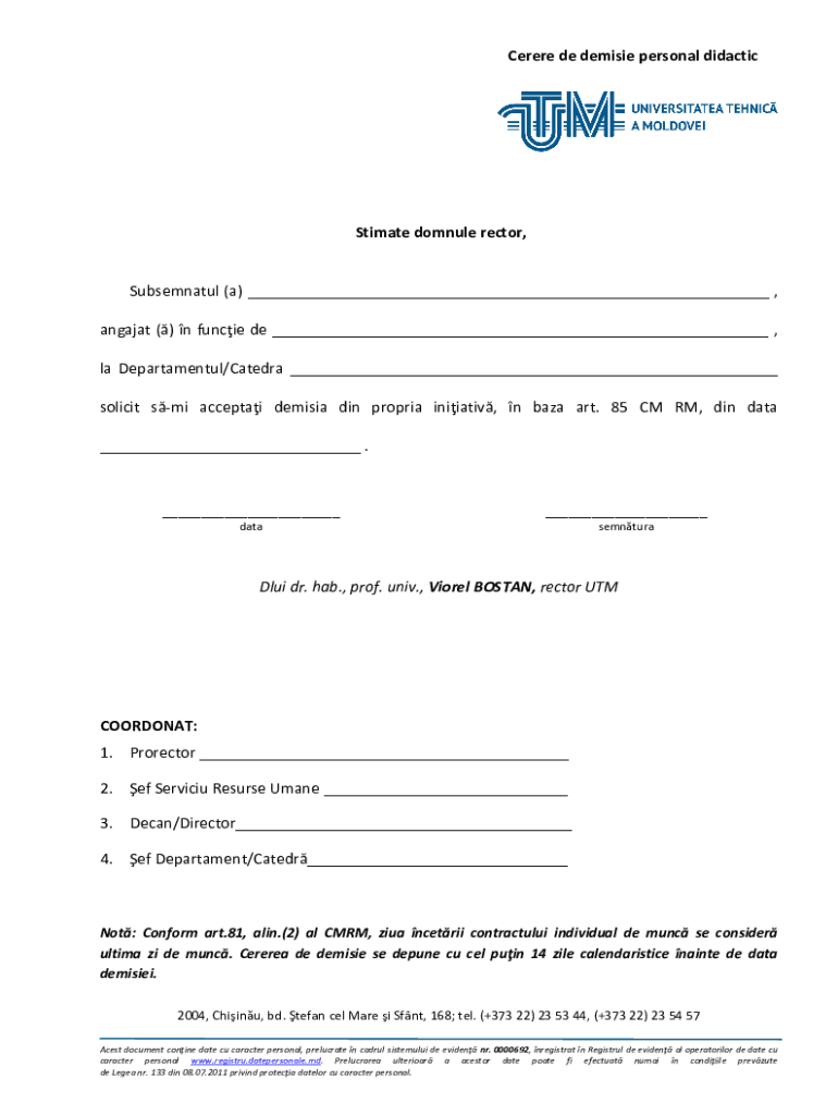 Fillable Online Cerere de demisie personal didactic domnule rector ...