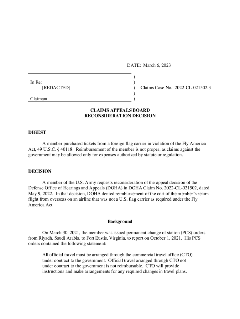 Fillable Online Request for Reconsideration of Claim for Cost of Travel ...
