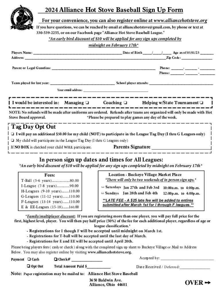 Fillable Online 2024 Alliance Hot Stove Baseball Sign Up Form Fax Email ...