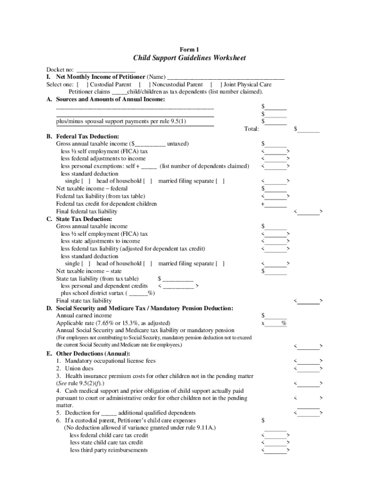 Fillable Online Form 1 - Child Support Guidelines Worksheet, Child Supp ...