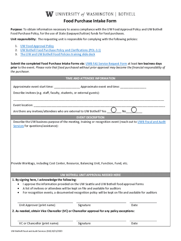 Fillable Online Food Purchase Intake Form. Food Purchase Intake Form ...