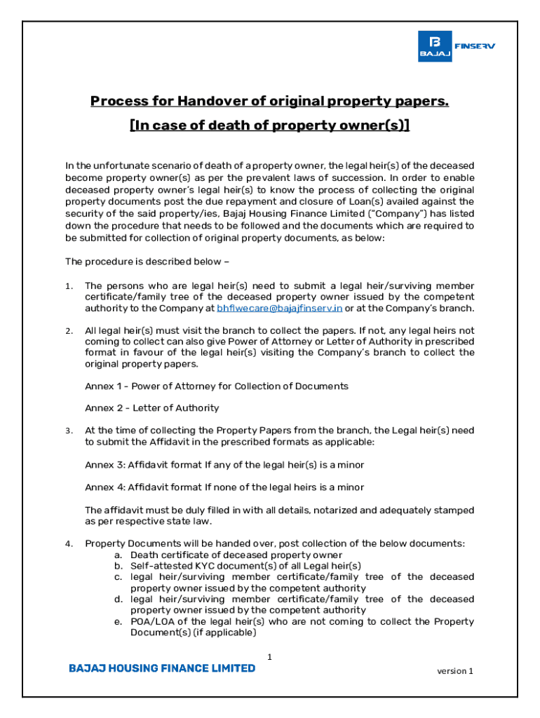 Fillable Online Process for Handover of original property papers. In ...