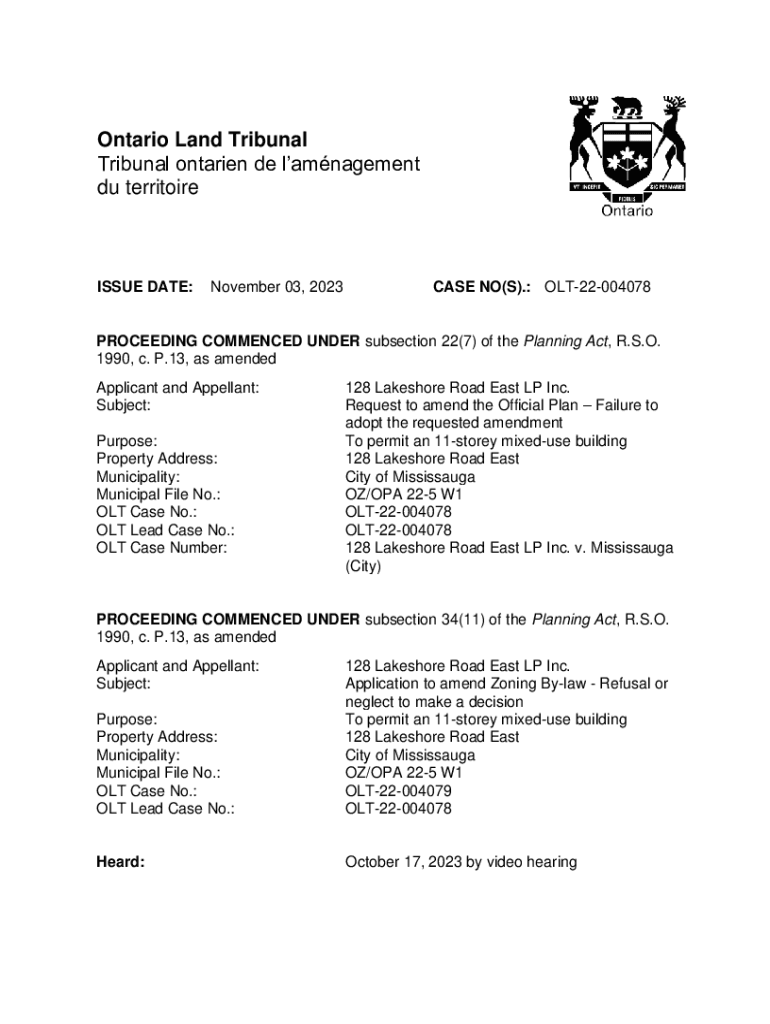 Fillable Online Ontario Land TribunalOLT-22-0023611381 Lakeshore ...