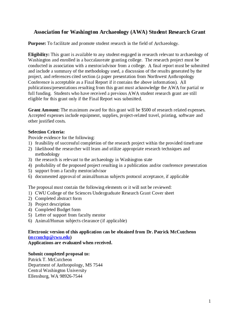 CWU College of the Sciences Undergraduate Research Grant - dahp wa Doc Template | pdfFiller