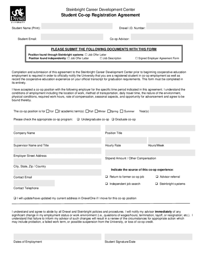 Fillable Online Student Co-op Registration AgreementSteinbright Career ...